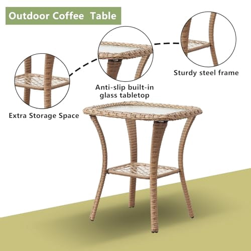 Patio Tables Wicker Side Table - Rattan Coffee Table with Glass Top End ...