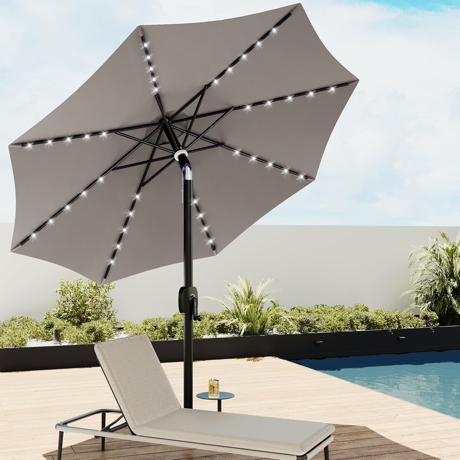 **patio umbrella, 9 ft outdoor table umbrella with 40 led solar lights and 8 ribs, 1.9inch ...