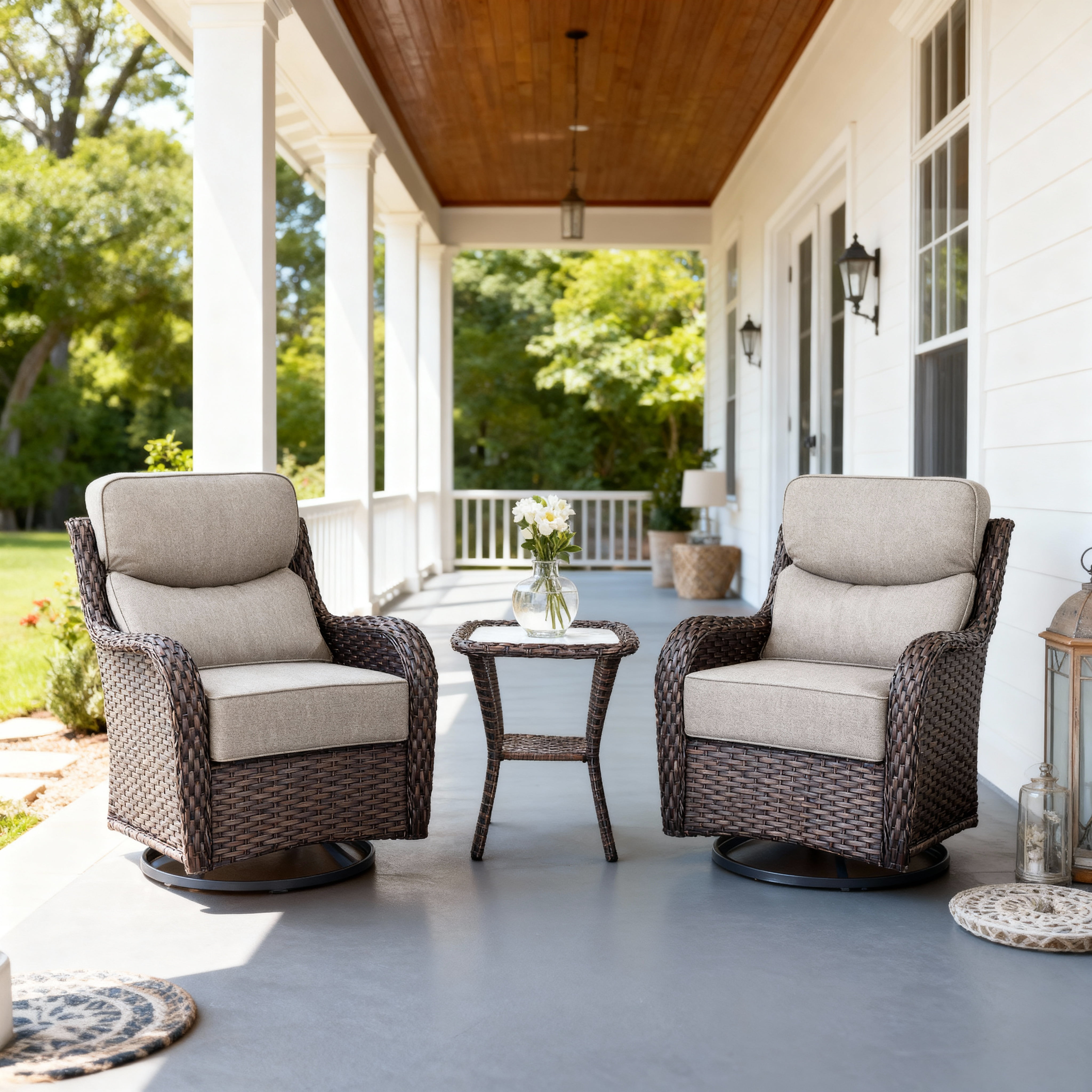 Patio Wicker 3-Piece Furniture Set Outdoor Rattan Bistro Swivel Rocking ...