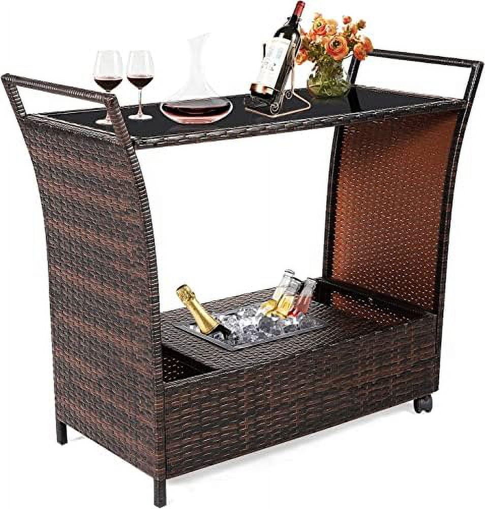 Patio Wicker Bar Cart with Wheel and Ice Bucket Outdoor Rolling ...