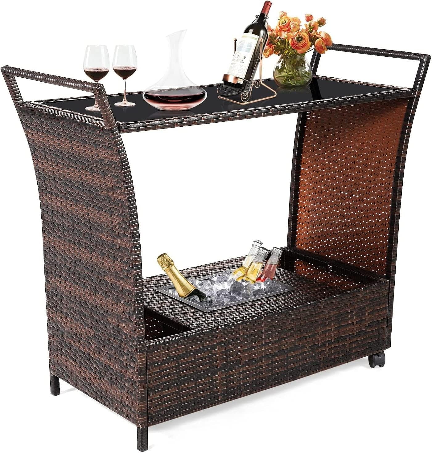 Patio Wicker Bar Cart with Wheel and Ice Bucket Outdoor Rolling ...