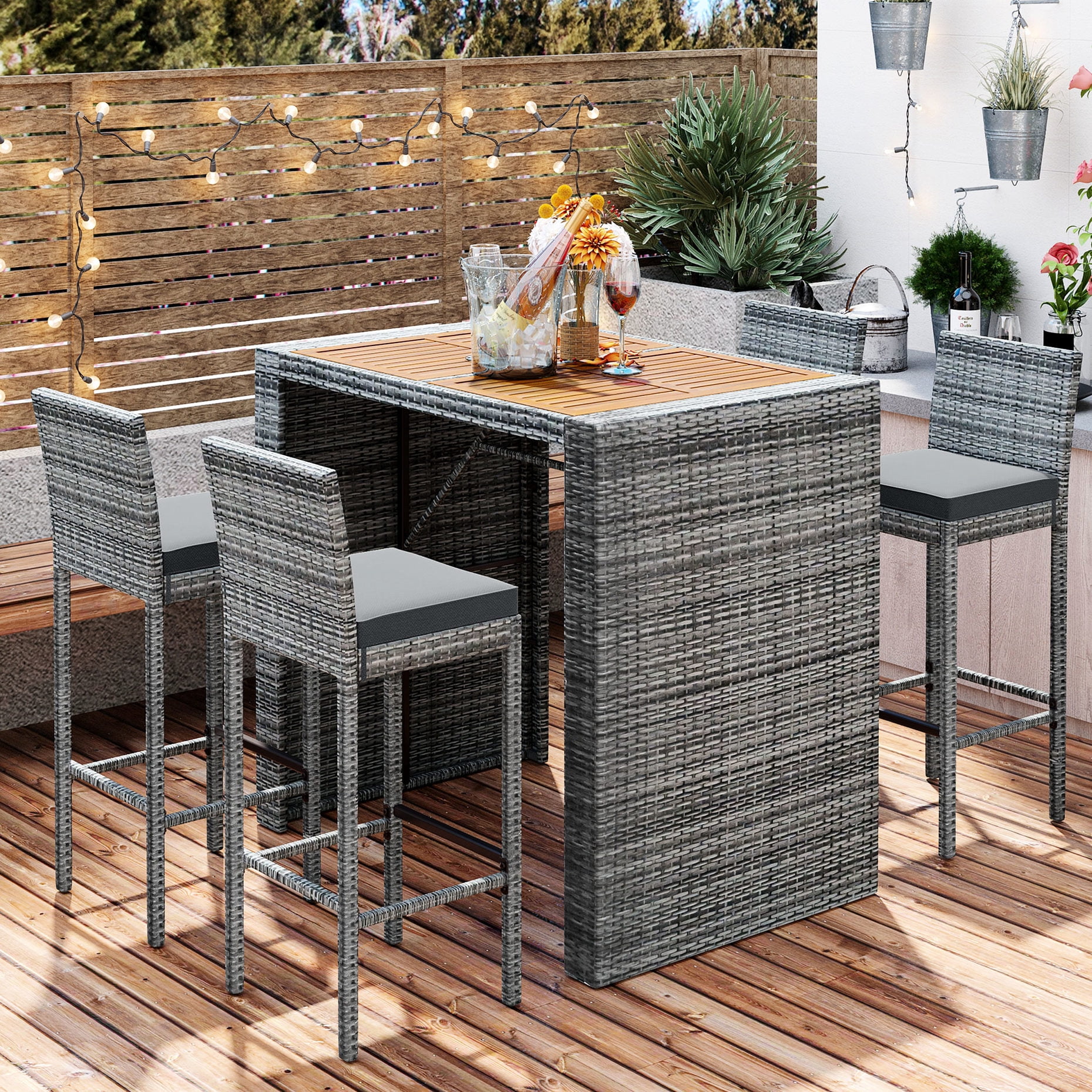 Patio Wicker Bar Set - Brown Wood, Gray Wicker, High Chairs - Walmart.com