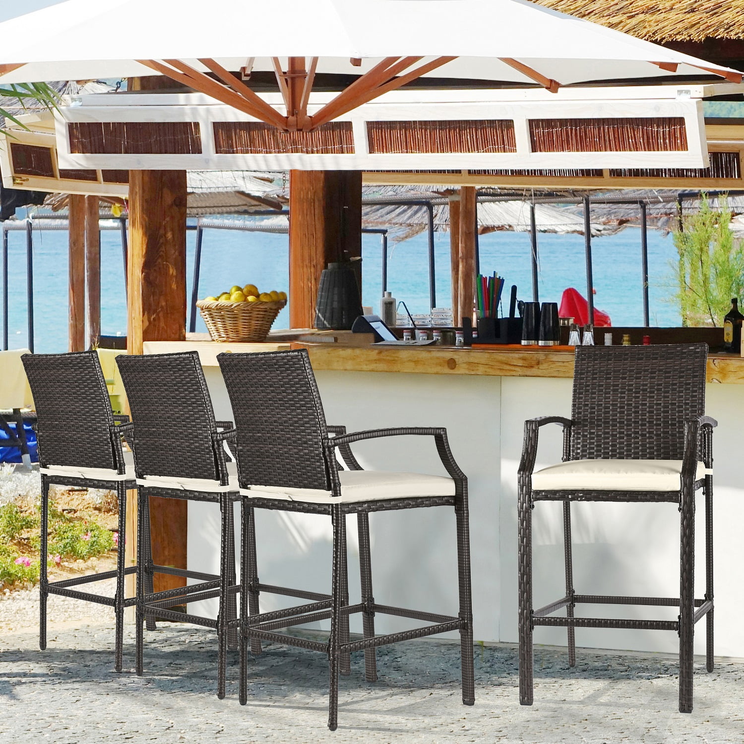 Patio Wicker Bar Stools Set of 4 Outdoor Counter Height Bar Stools Patio Chairs Bar Height Patio Stools Bar Chairs with Footrest Armrest Cushion