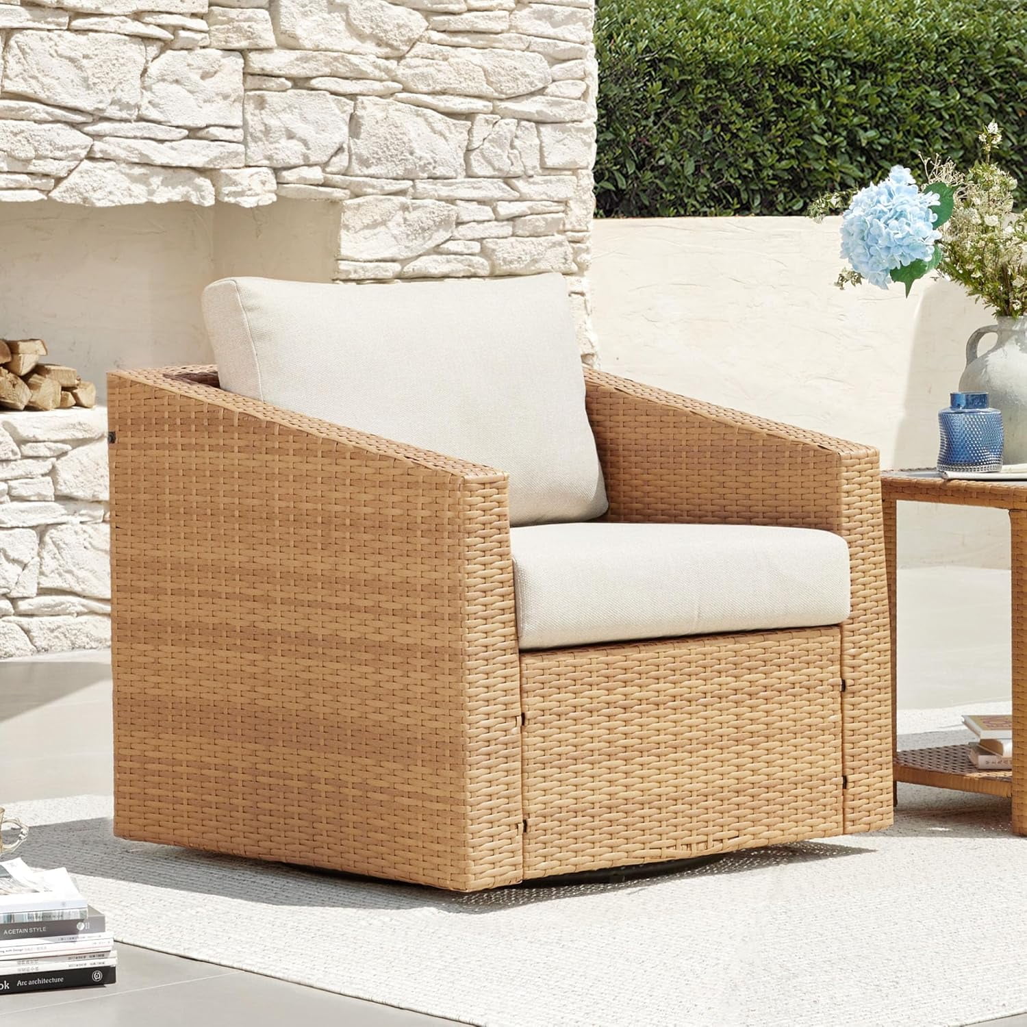 Patio Wicker Chair, 360° Swivel Outdoor Rattan Chair with Thickened ...