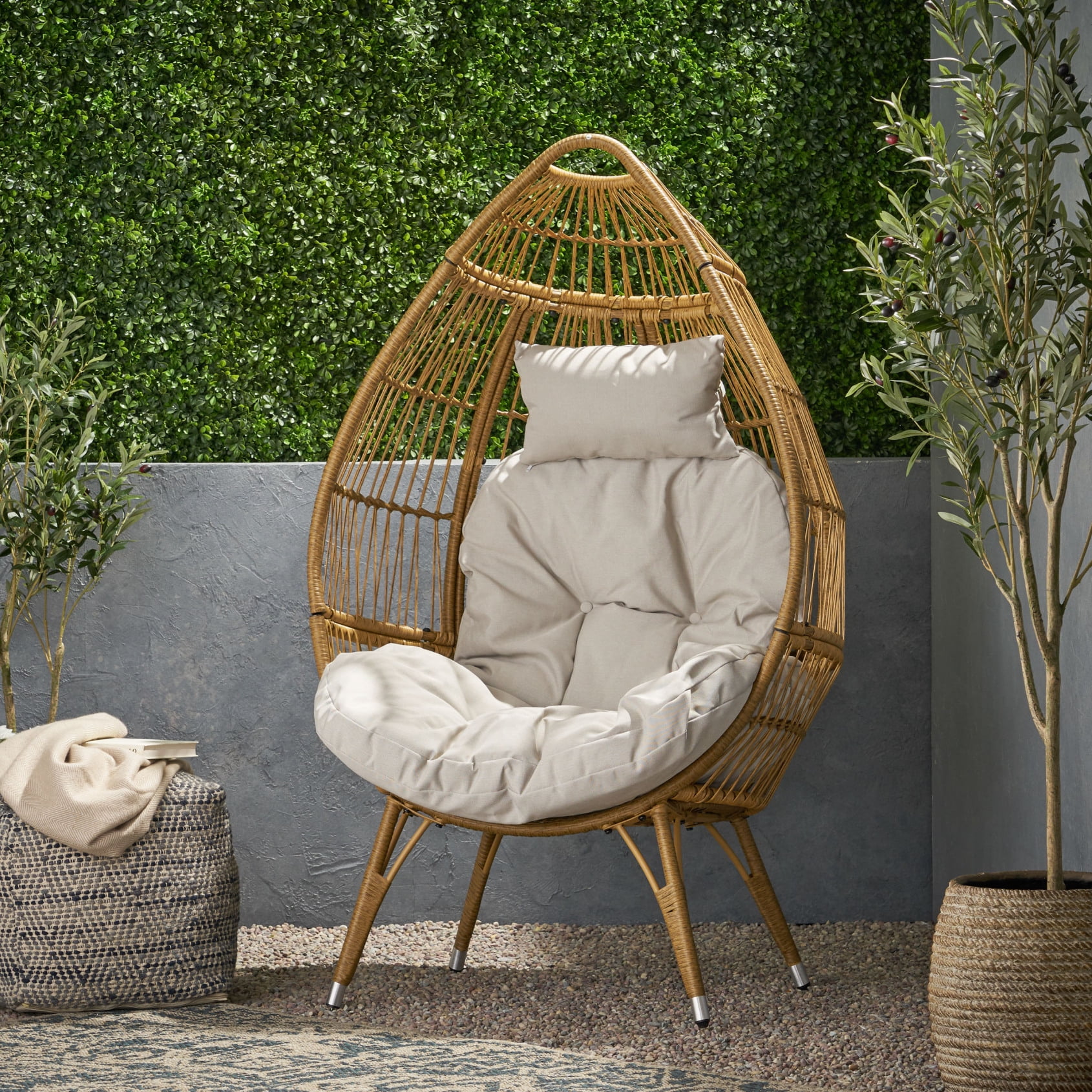 Patio Wicker Egg Chair, Outdoor Teardrop Wicker Lounge Chair with Water ...