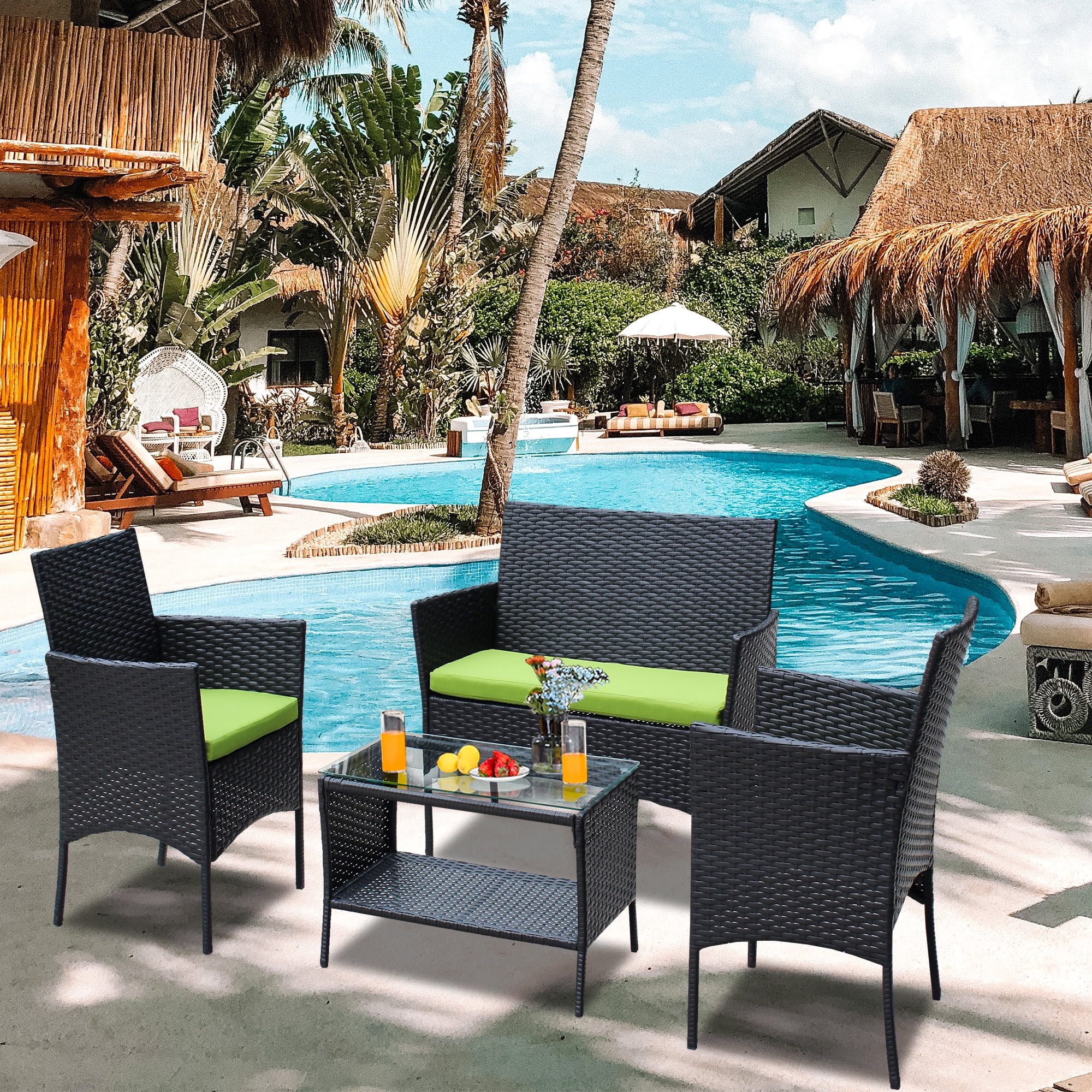 Patio Wicker Furniture Set, 4 Pieces Outdoor Cushioned Conversation Set ...