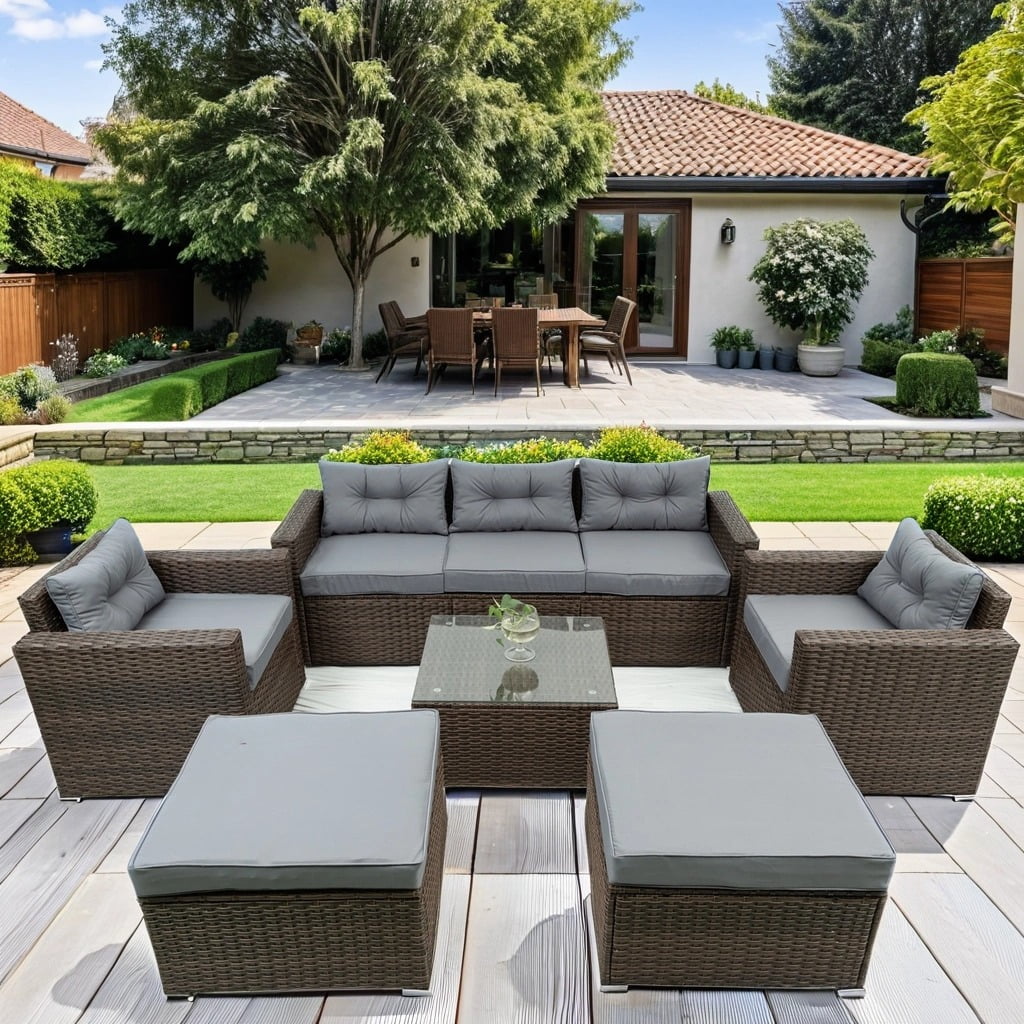 Patio Wicker Furniture Set, 6 Pieces Outdoor PE Rattan Conversation ...