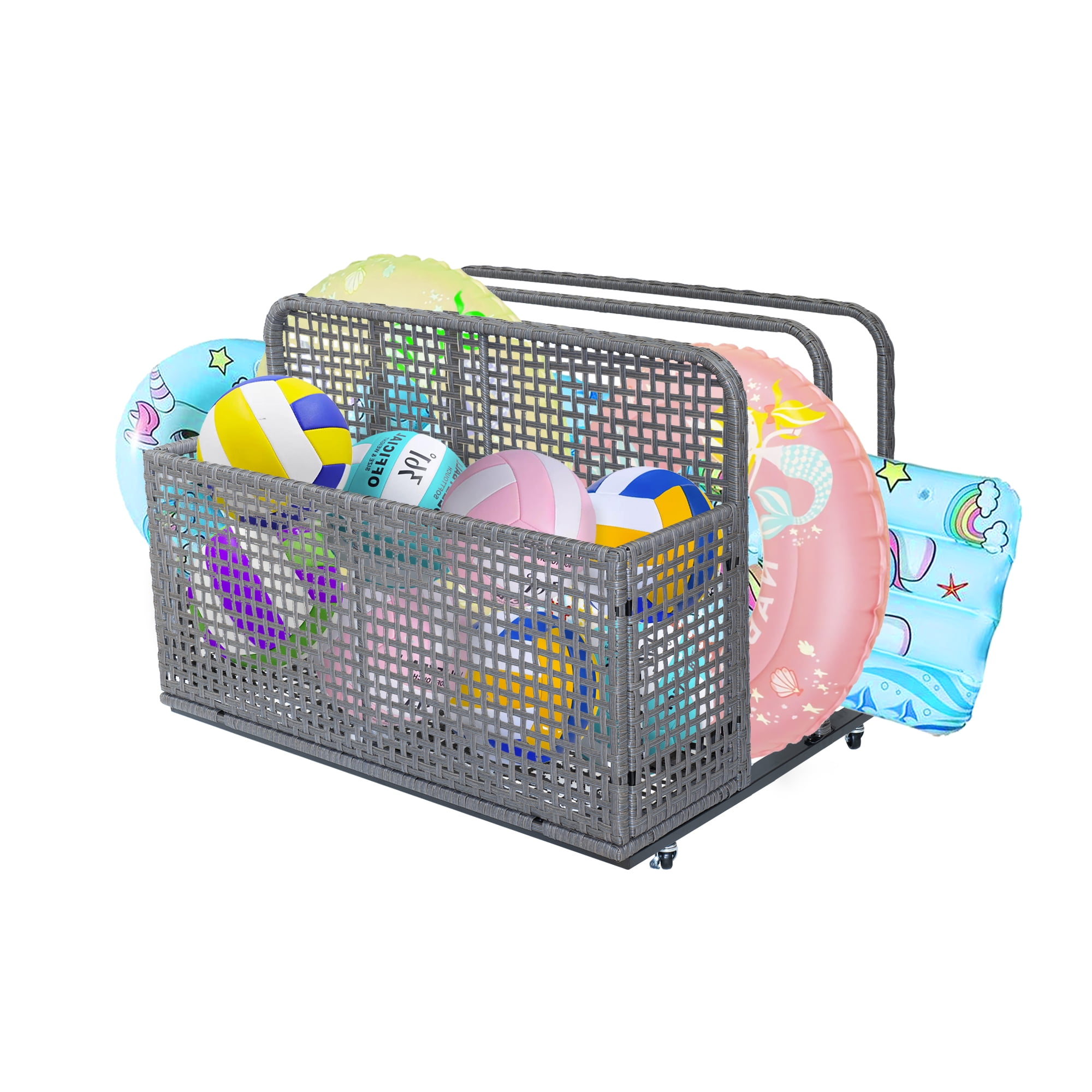 Patio Wicker Pool Float Storage, Outdoor Rolling PE Rattan Pool Caddy ...