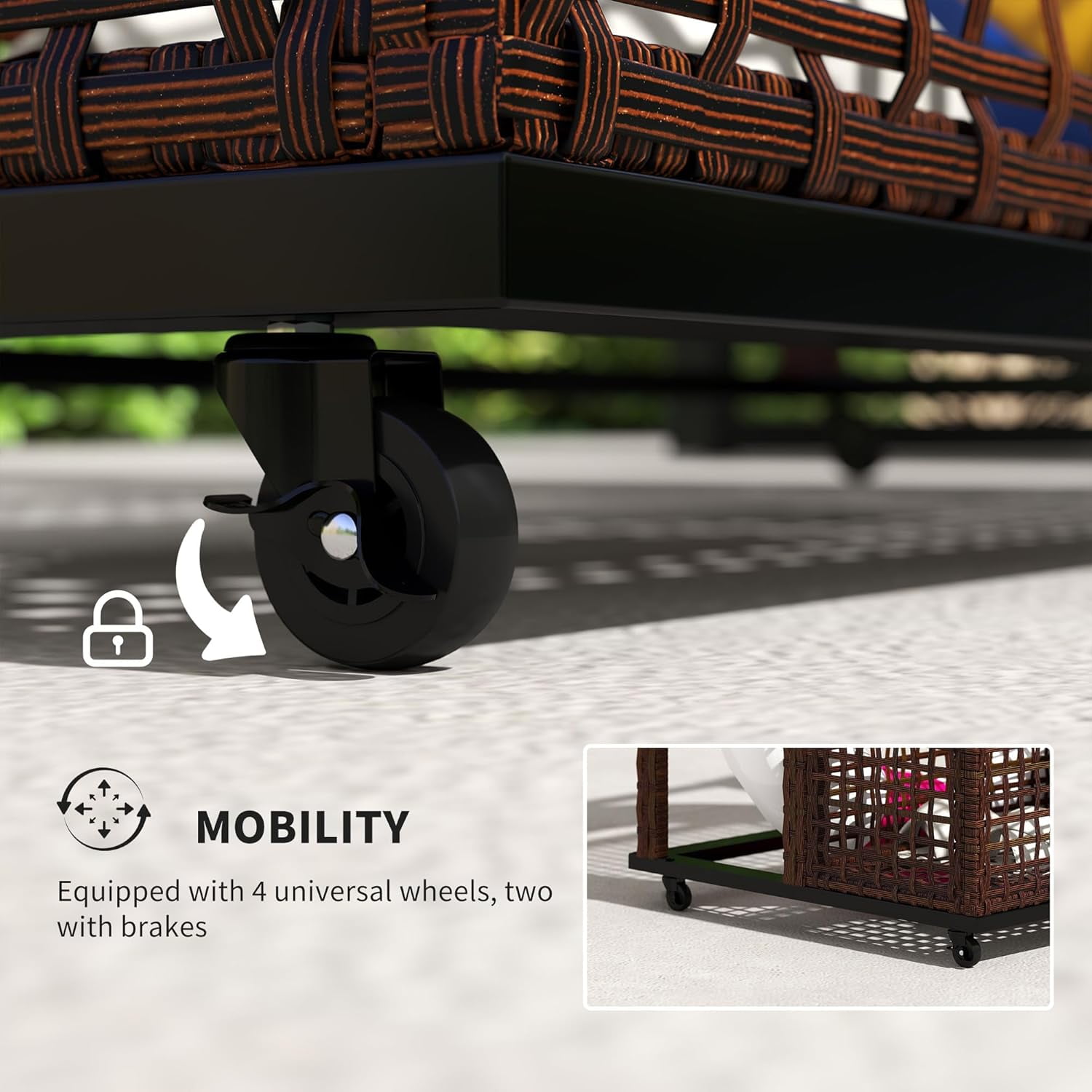 Patio Wicker Pool Float Storage with Wheels, Outdoor Rolling PE Rattan ...