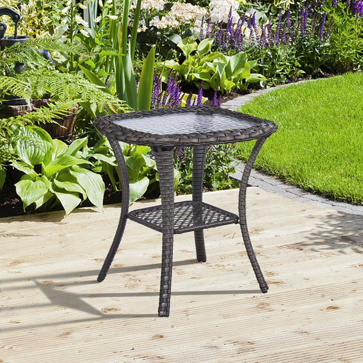 Patio Wicker Side Table, Outdoor PE Rattan End Table with 5mm Tempered ...