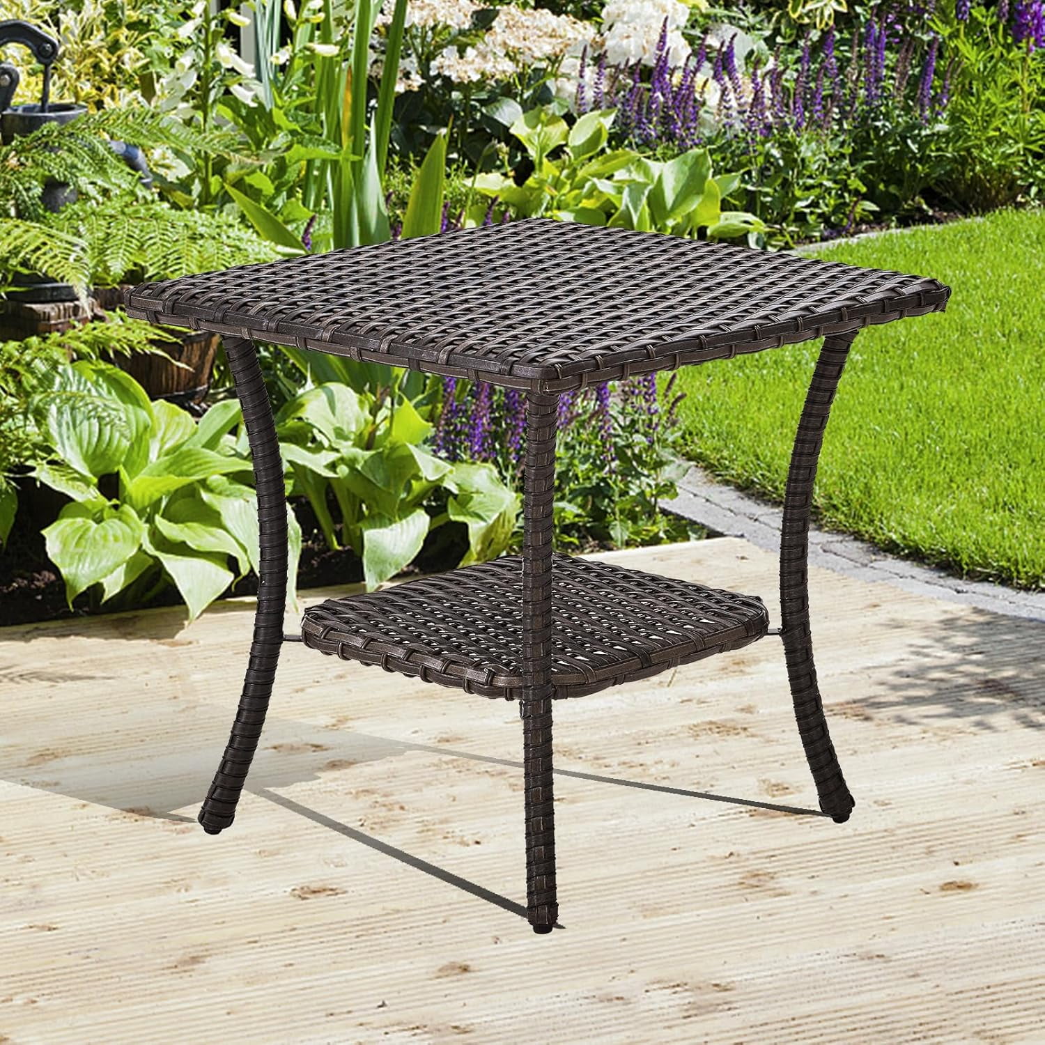 Patio Wicker Side Table-Outdoor PE Rattan End Table with 2-Tier Storage ...
