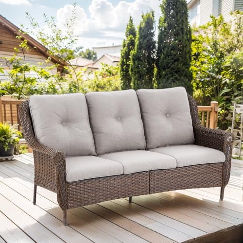 Patio Wicker Sofa 3-Seat Rattan Couch Brown Rattan Sofa with ...