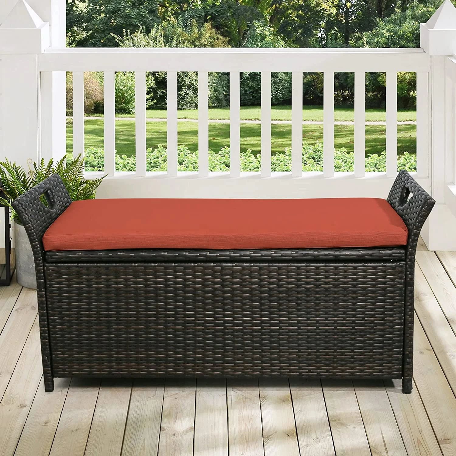 Patio Wicker Storage Bench Outdoor Rattan Deck Storage Box with Red ...