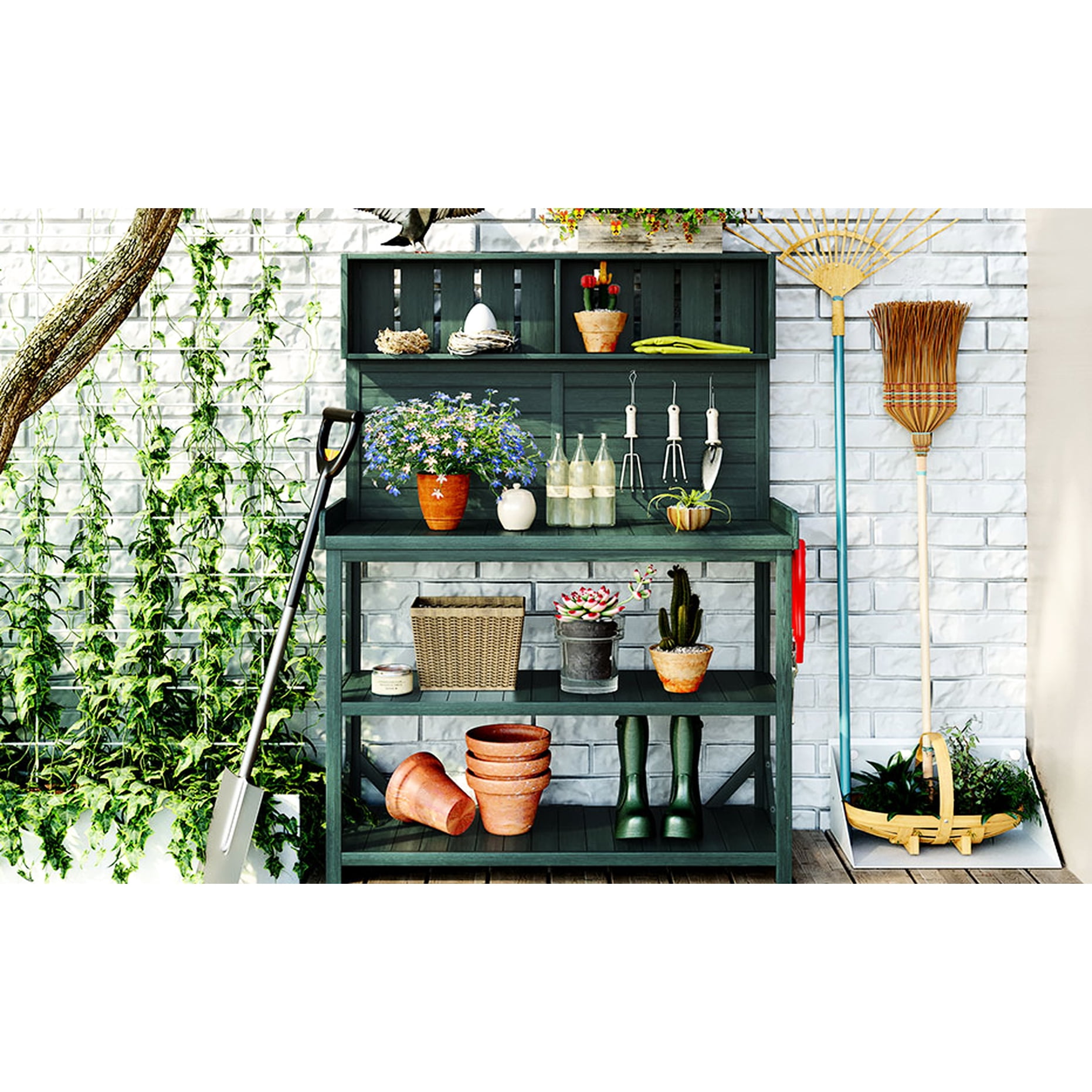 Patio Wooden Potting Bench With 4 Ample Storage Shelves And Feature, Forest 65" Workstation ...