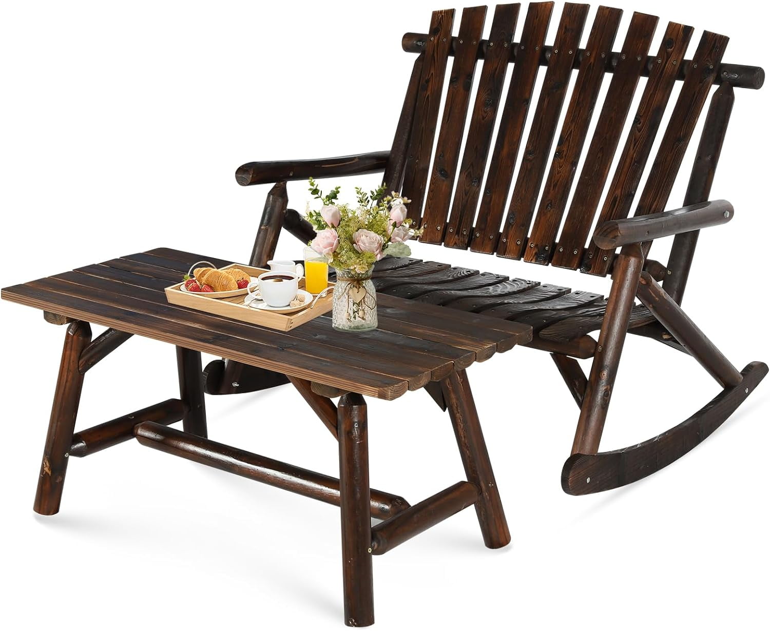 Patio Wooden Rocking Bench, Outdoor Conversation Sets with 2-Seater ...