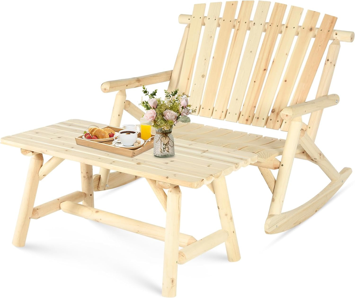 Patio Wooden Rocking Bench, Outdoor Conversation Sets with 2-Seater ...