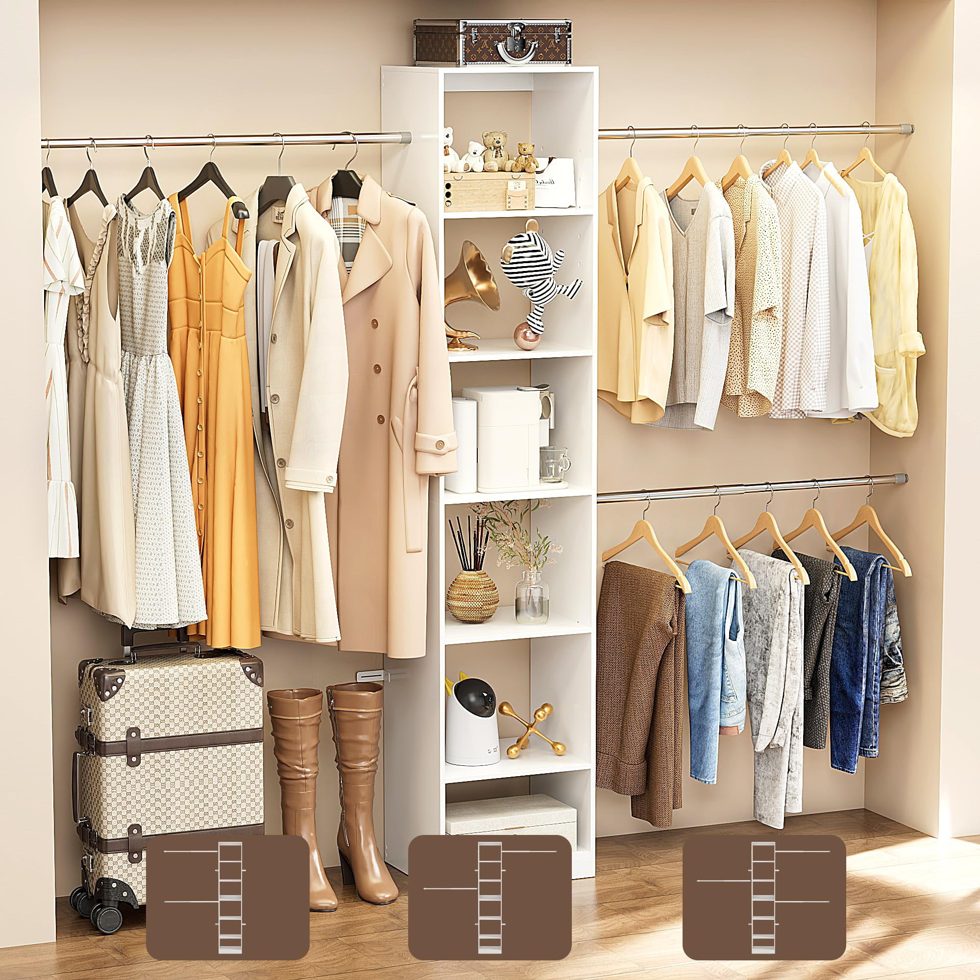 PatioPerk Walk in Closet System, Wood Closet Organizer System with 3 ...
