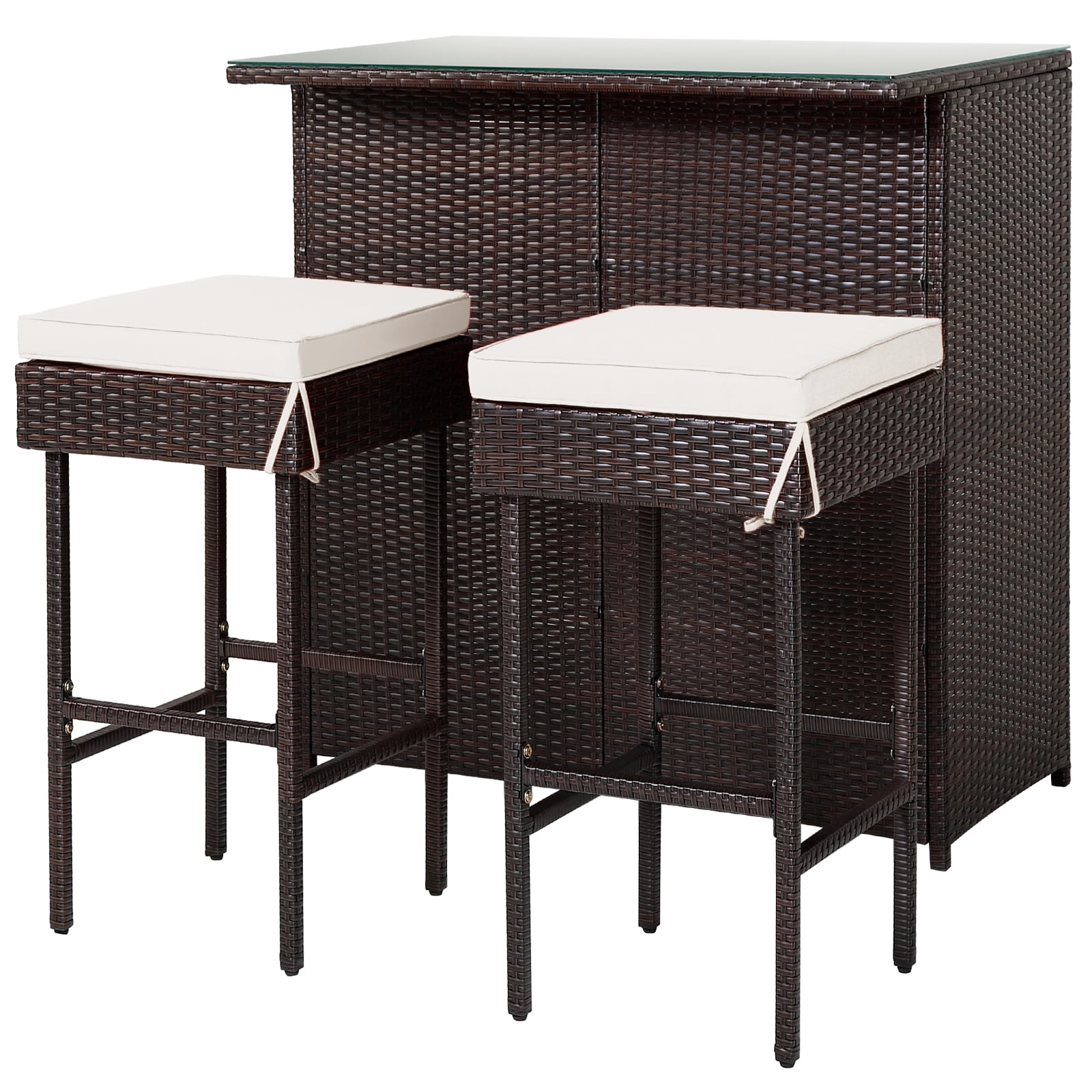 Patiojoy 3PCS Outdoor Wicker Rattan Bar Set, Tall Metal Table w/2 White ...