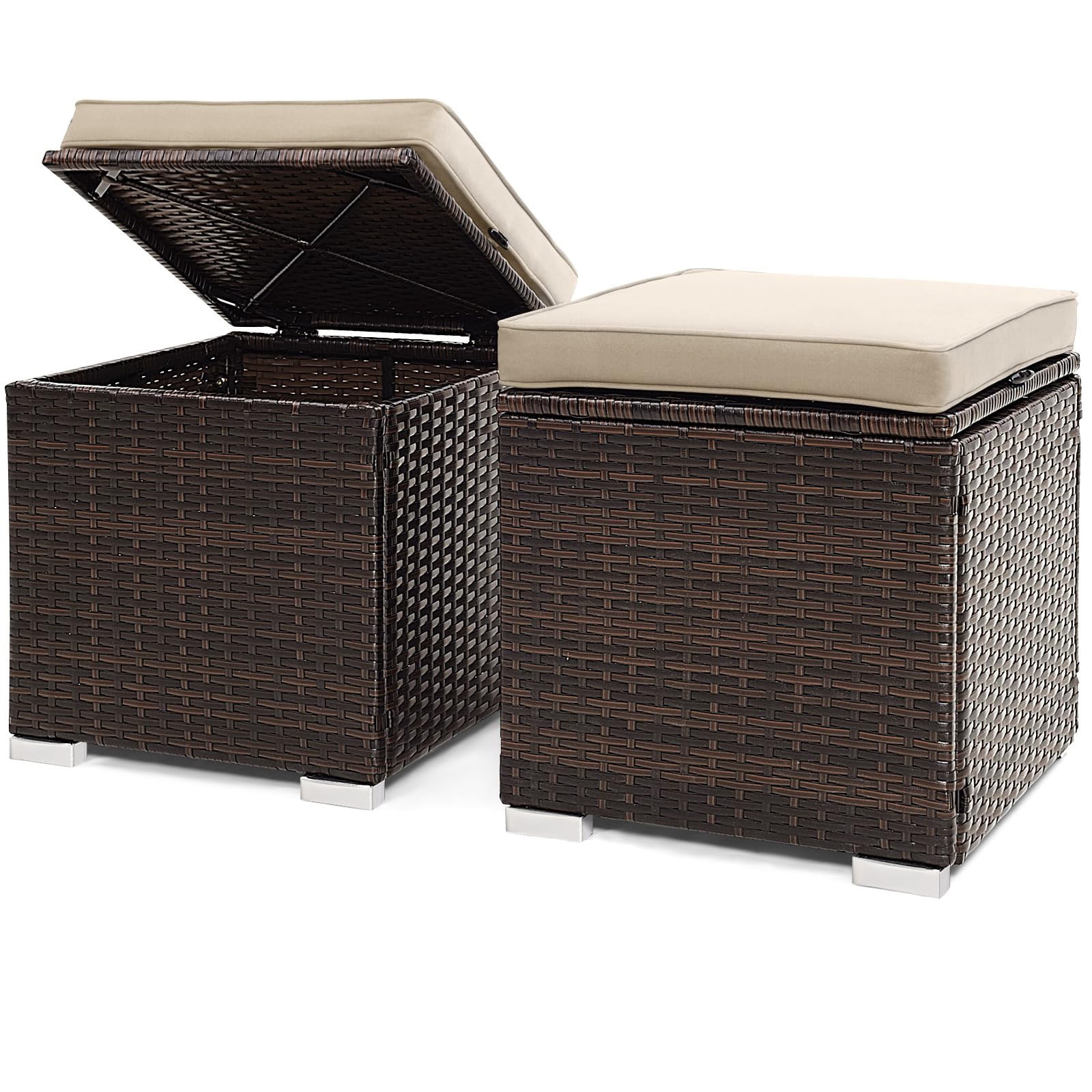 Patiojoy 2-Piece Rattan Ottoman Table Set, Waterproof Storage Stool ...
