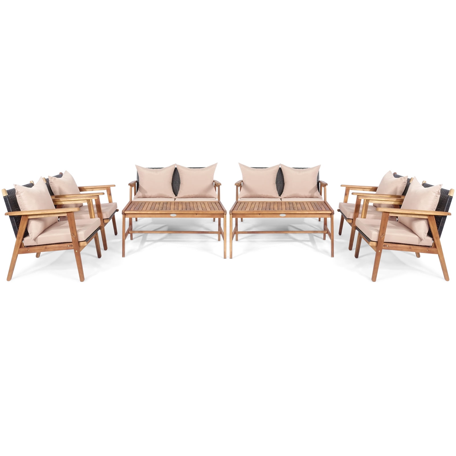 Patiojoy 8PCS Patio Rattan Furniture Set Wood Frame Cushioned Sofa with ...