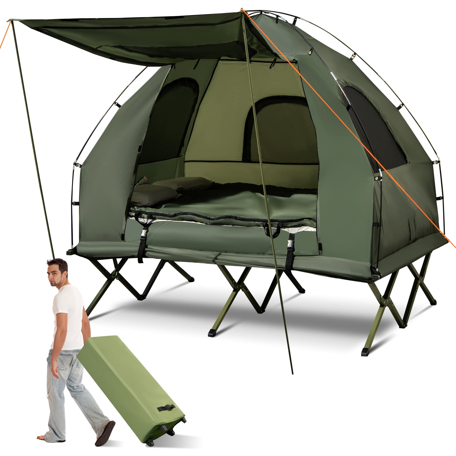 Patiojoy 2-Person Camping Tent Cot Combo with Air Bed & Sleeping Bag ...