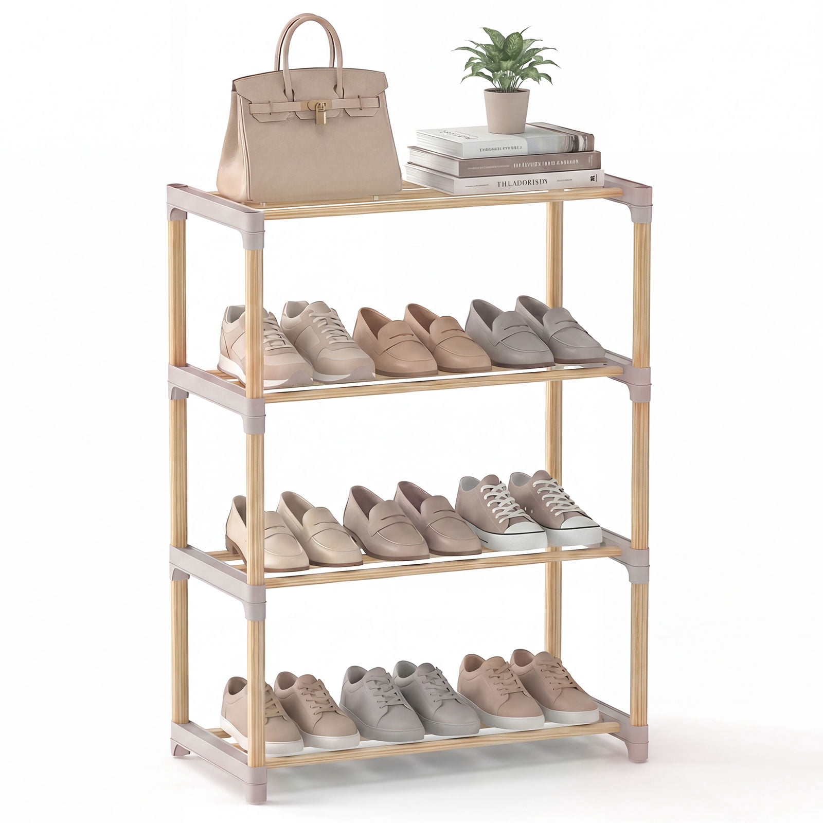 Patiojoy Solid Wood Shoe Rack 4-Tier Shoe Storage Organizer with ...