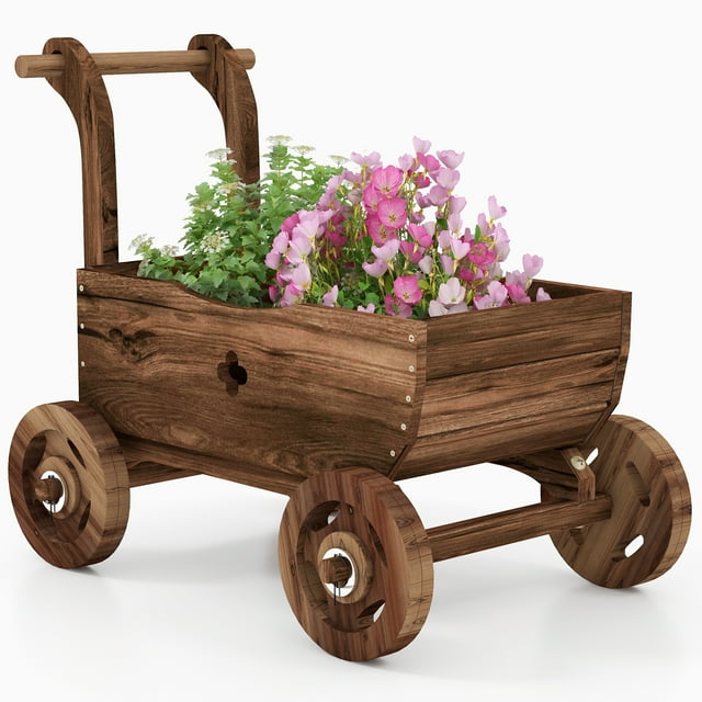 Patiojoy Wooden Outdoor Plant Stand Wagon Planter Box with Wheels ...