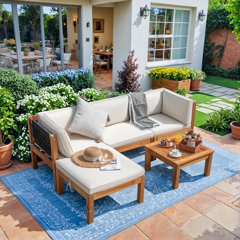 Patio Prestige 5 Pieces Acacia Wood Patio Conversation Set Rope Woven ...