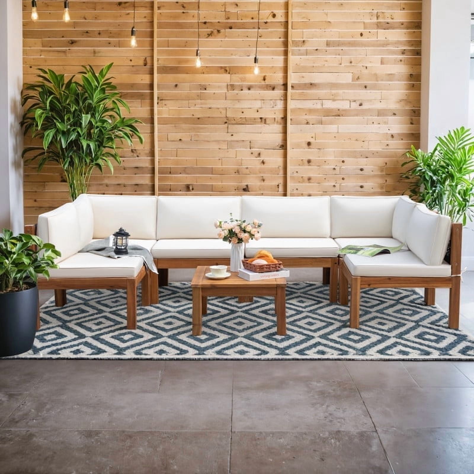 Patio Prestige 7 Pieces Acacia Wood Patio Conversation Set Rope Woven ...