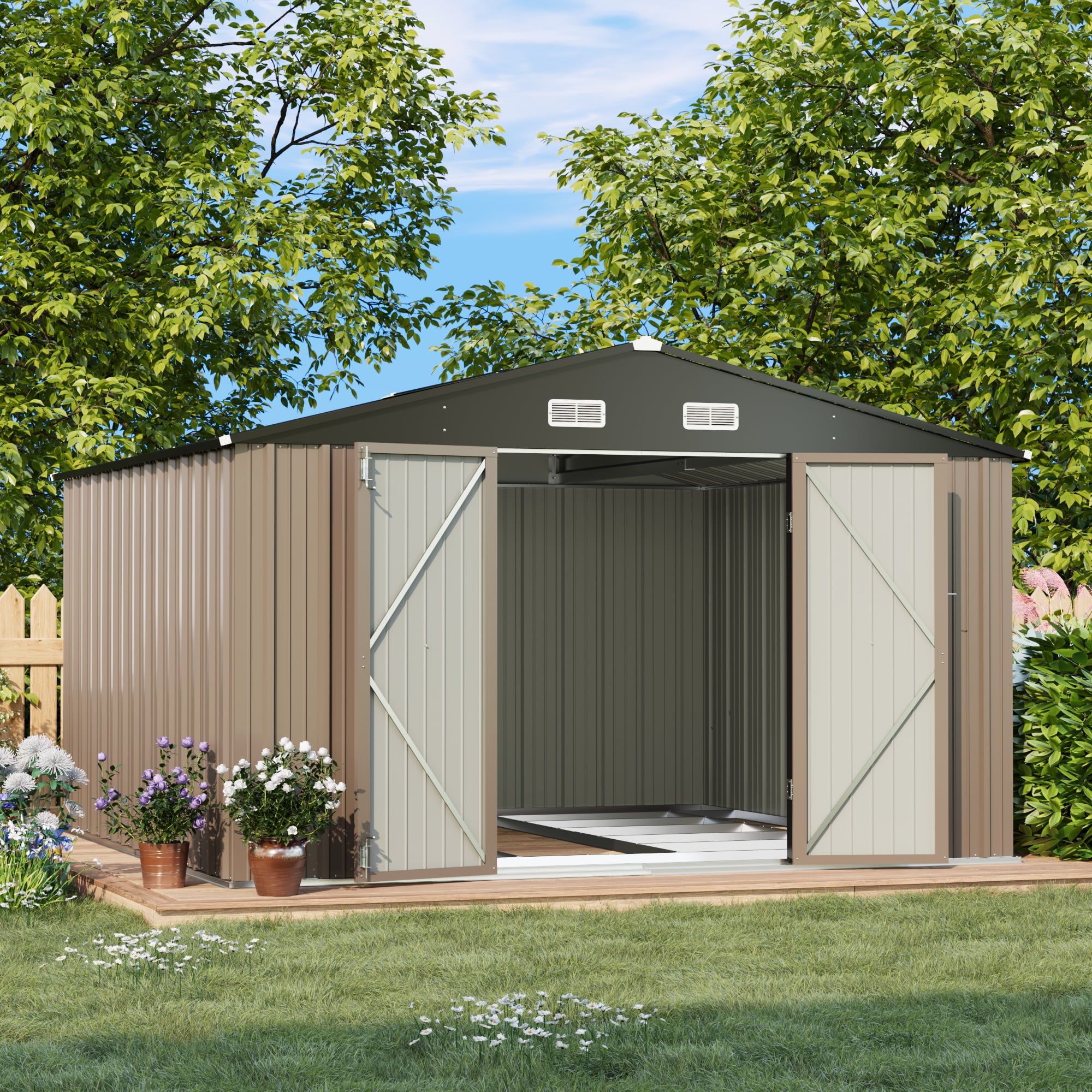 Patiowell 10' x 10' Outdoor Storage Shed with Floor Frame Kit, Metal ...