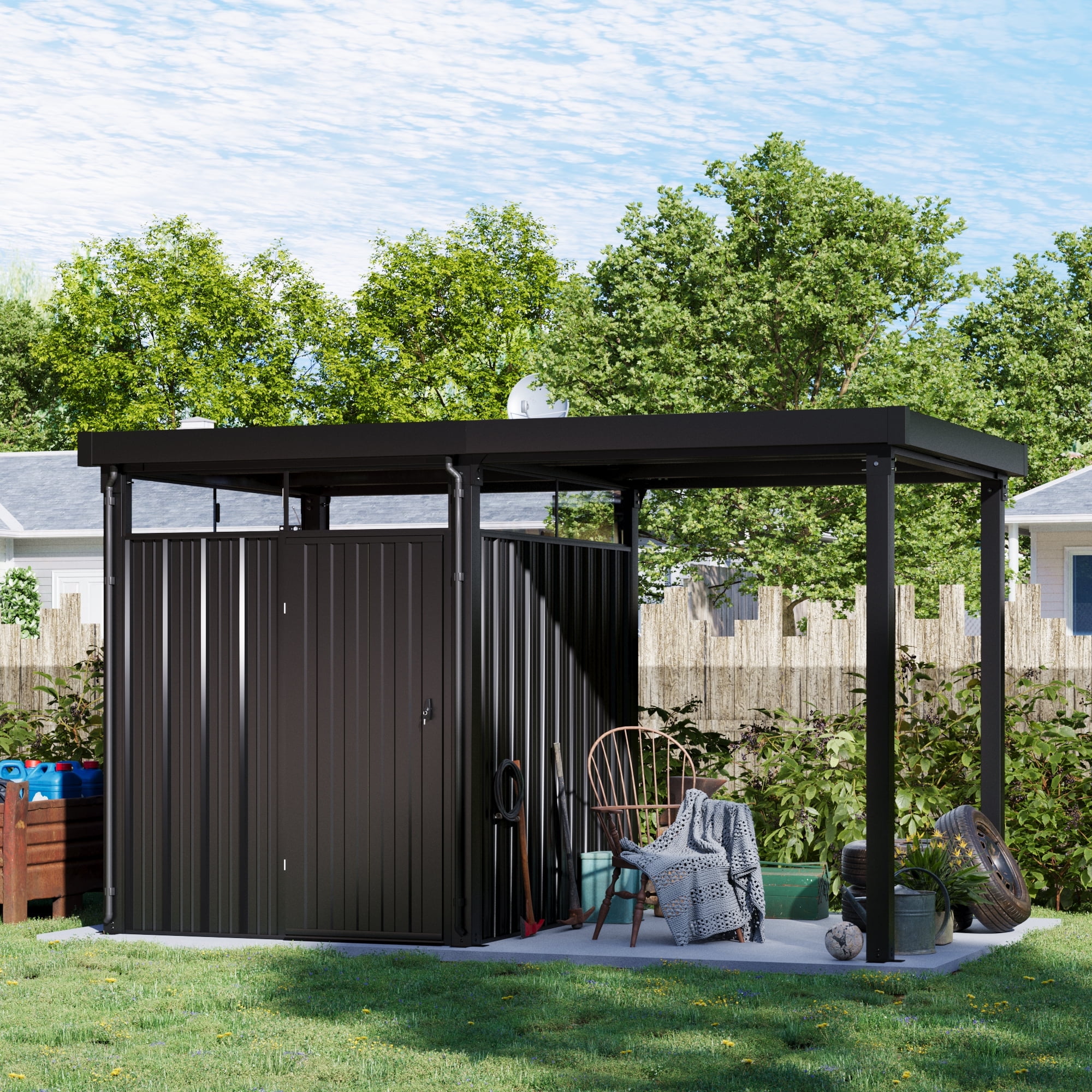 Patiowell 2-in-1 Metal Shed with 7' x 7' Lockable Storsge Shed & 7' x 7 ...