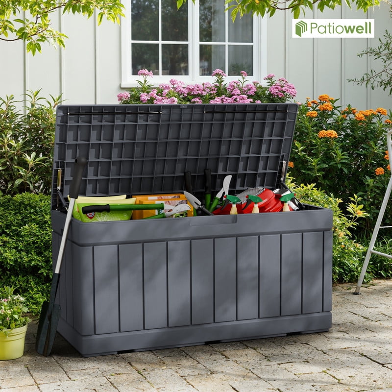 Patiowell 82 Gallon Outdoor Resin Wood Deck Box, Lockable Lid, Patio ...