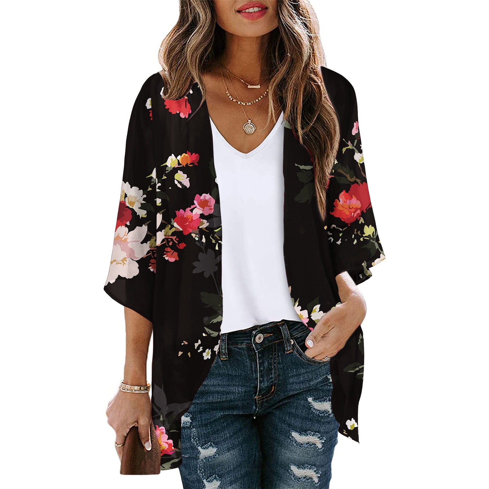 Patlollav Outlet,Fall Summer Womens Black Cardigan 3/4 Sleeve Printed ...