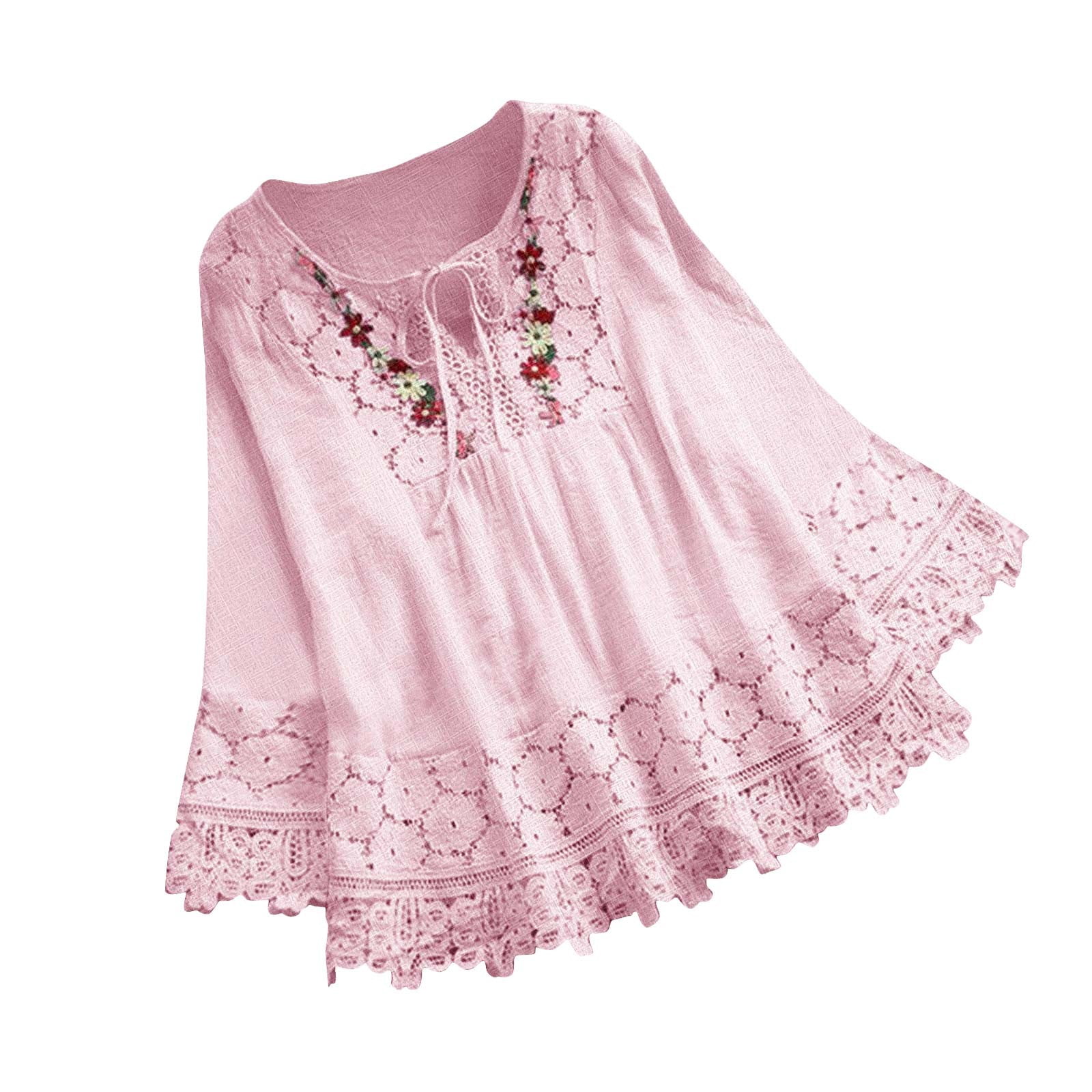 Patlollav New 2024 Womens Cotton Blouses Long-Sleeved Lace-Up Loose ...