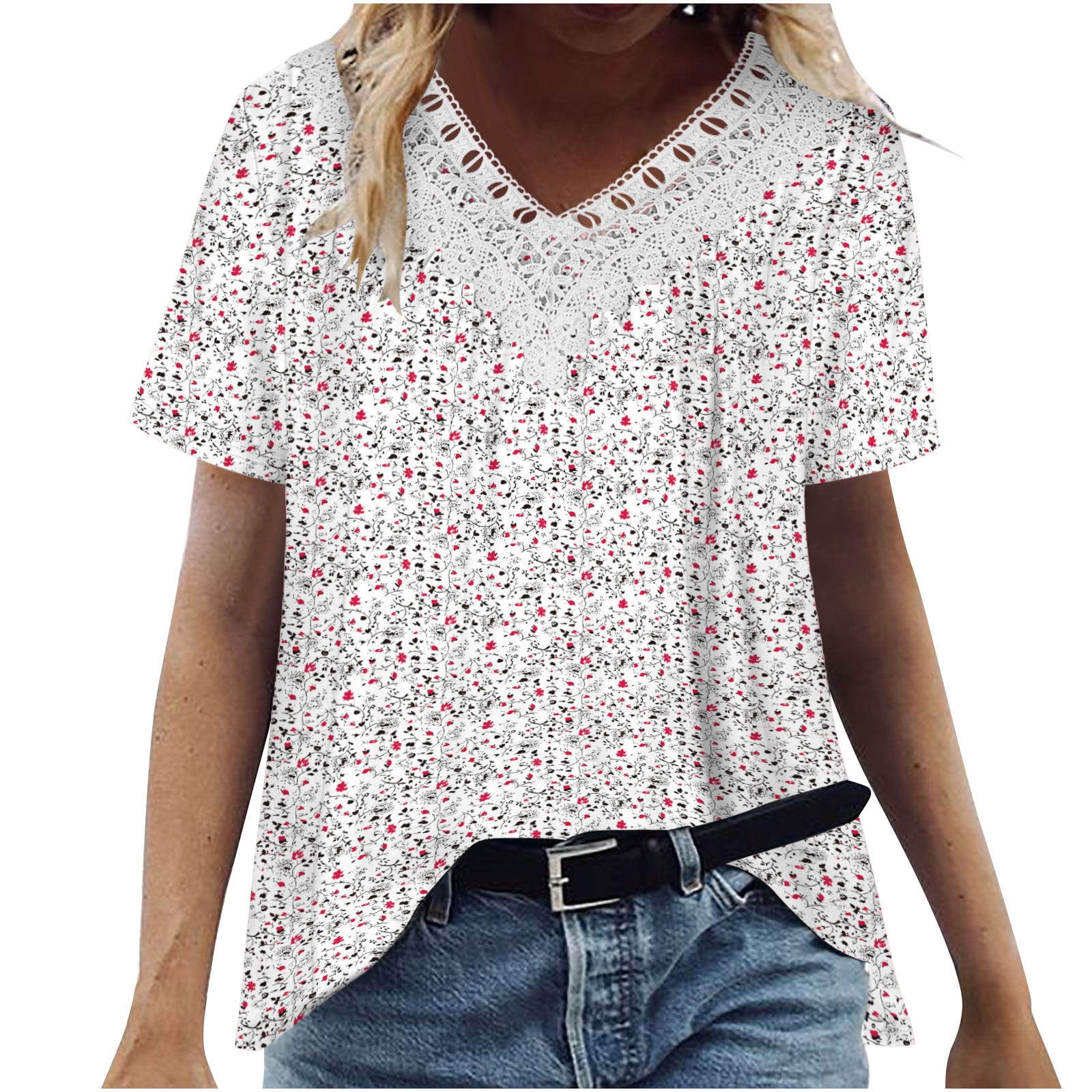 Patlollav Women Shirts Casual Print Short Sleeve Tops V Neck Lace ...