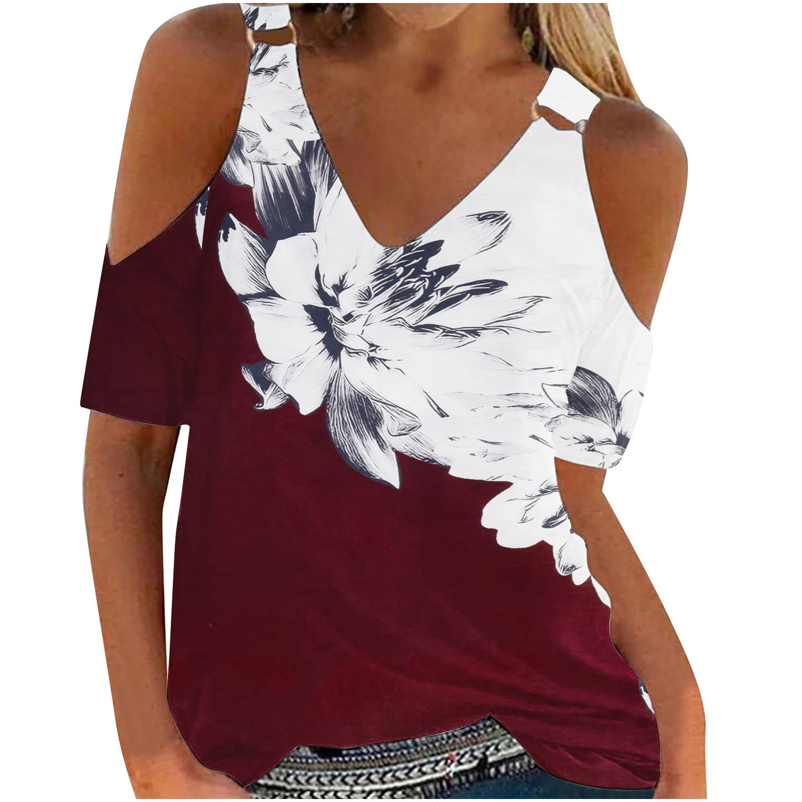 Patlollav Women Summer T Shirt Cold Shoulder Pullover Blouse V Neck ...