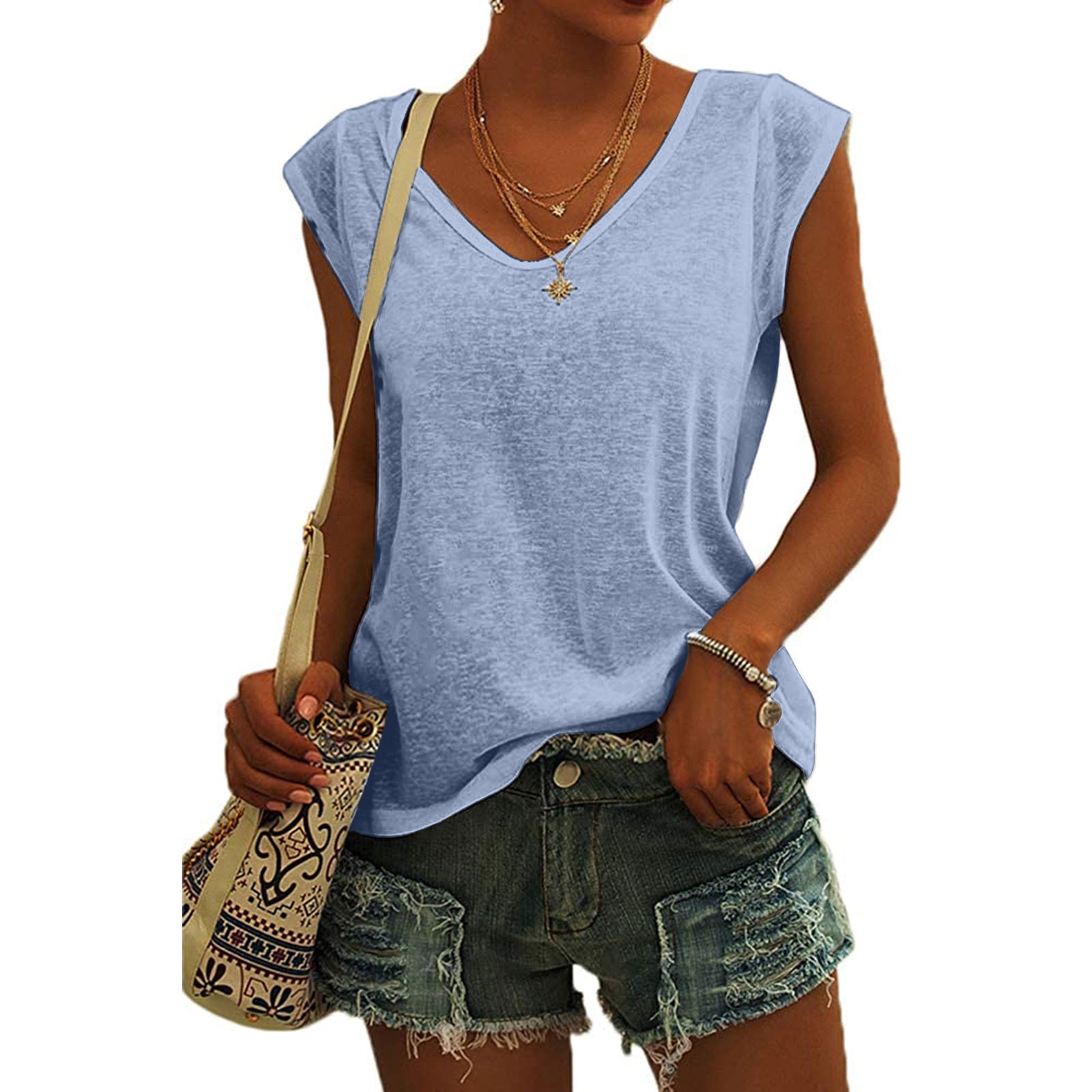 Patlollav Woman's Tops Casual O-Neck Loose Soft Cap Sleeve Solid Color ...