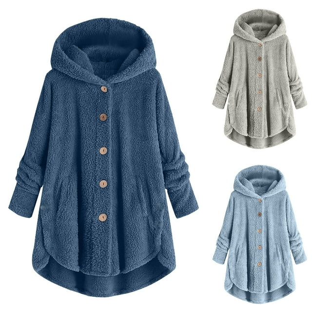 Patlollav Womens Coat Plus Size Clearance Button Plush Tops Hooded Loose Cardigan Outwear Winter ...