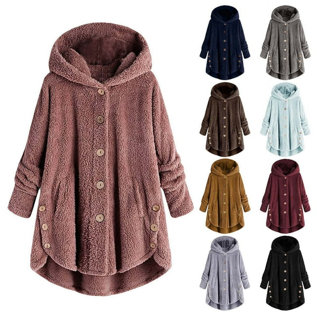 Patlollav Womens Coat Plus Size Clearance Button Plush Tops Hooded Loose Cardigan Wool Outwear ...