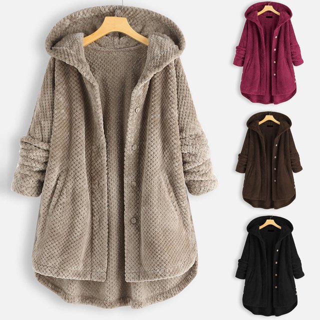 Patlollav Womens Coats Plus Size Clearance Fleece Irregular Long Sleeve Button Pocket Hooded ...