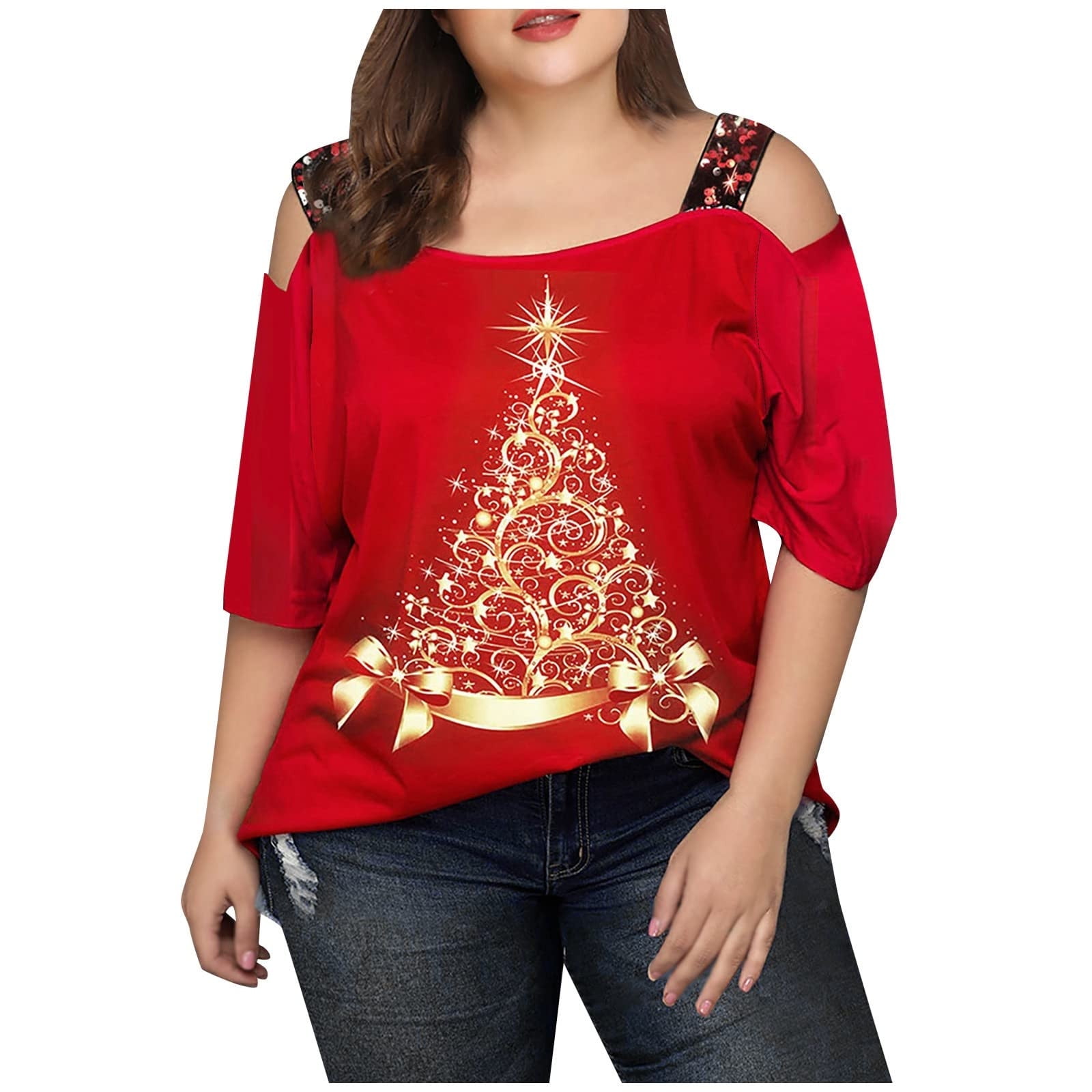 Patlollav Womens Plus Size Tops Christmas Tree Graphic Shirts T-Shirt L ...