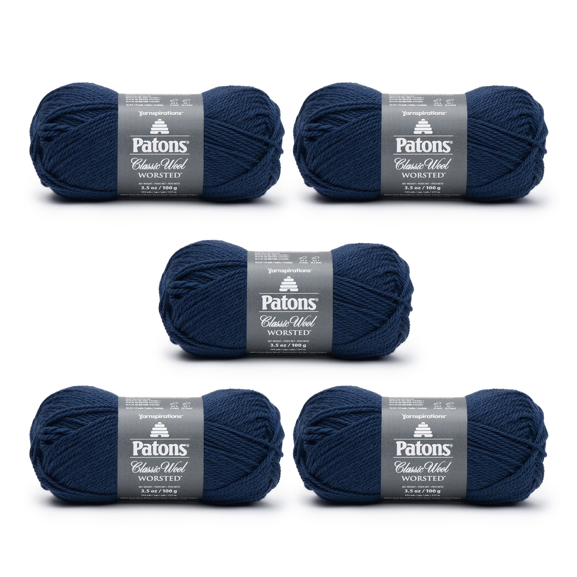 Patons Classic Wool Navy Blue Yarn - 5 Pack of 3.5oz/100g - Wool - 4 ...