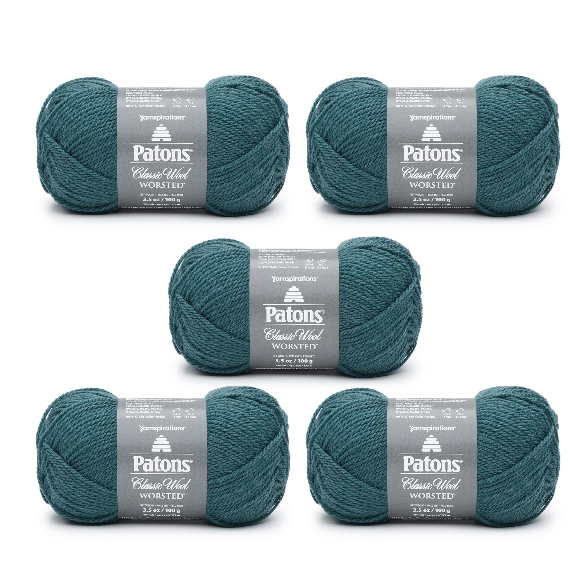 Patons Classic Wool Rich Teal Yarn - 5 Pack of 3.5oz/100g - Wool - 4 ...