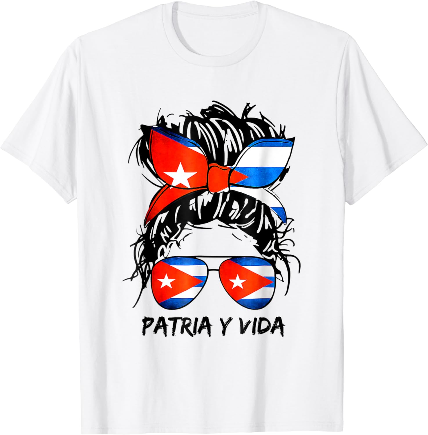 Patria Y Vida SOS Cuba Flag Messy Hair Women Bun Glassses T-Shirt ...