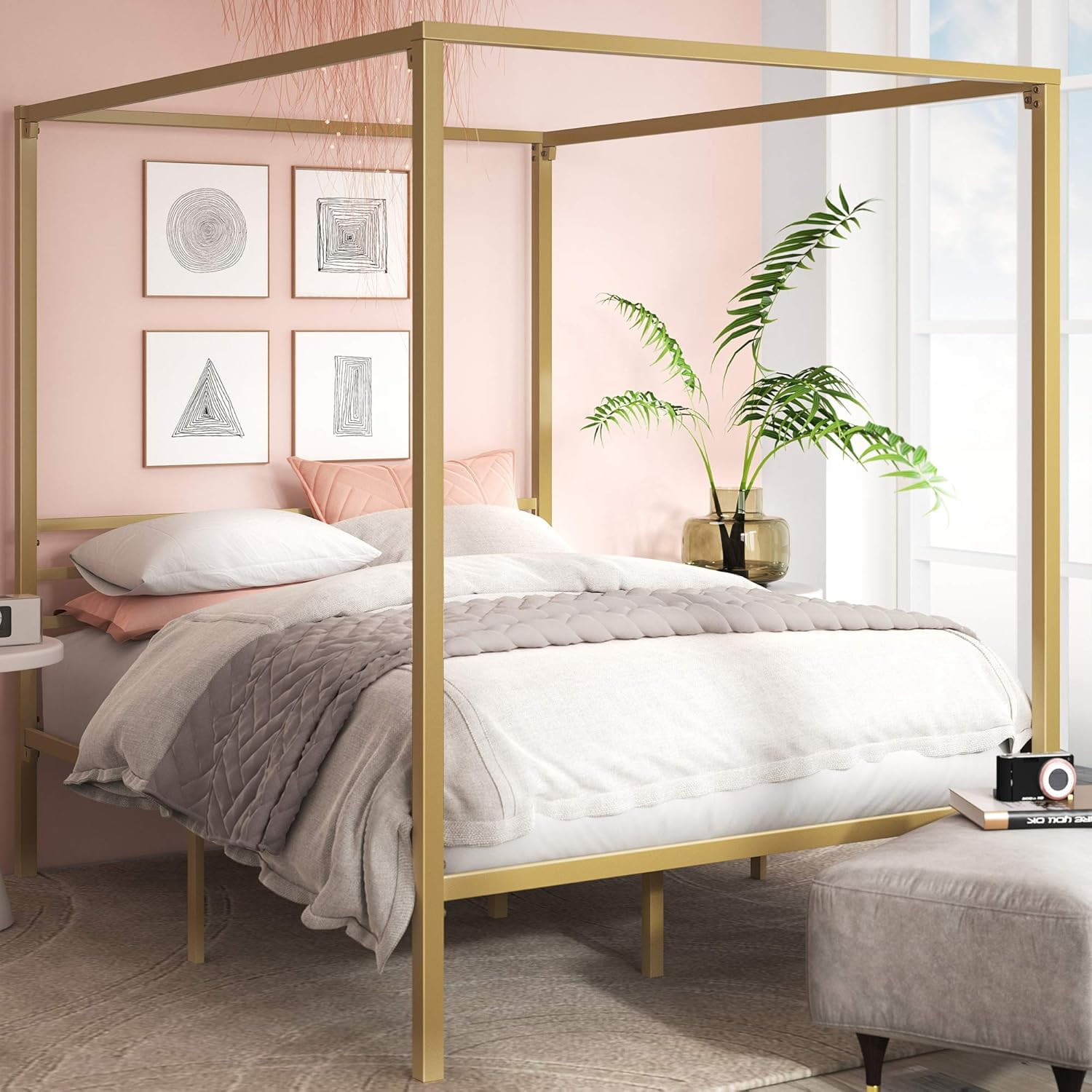 Patricia Gold Metal Canopy Platform Bed Frame, Mattress Foundation with ...