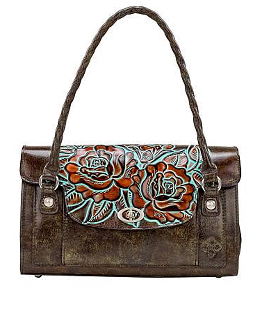 Patricia Nash SANABRIA Rose Tooled Leather Satchel-Turquoise Tooled ...