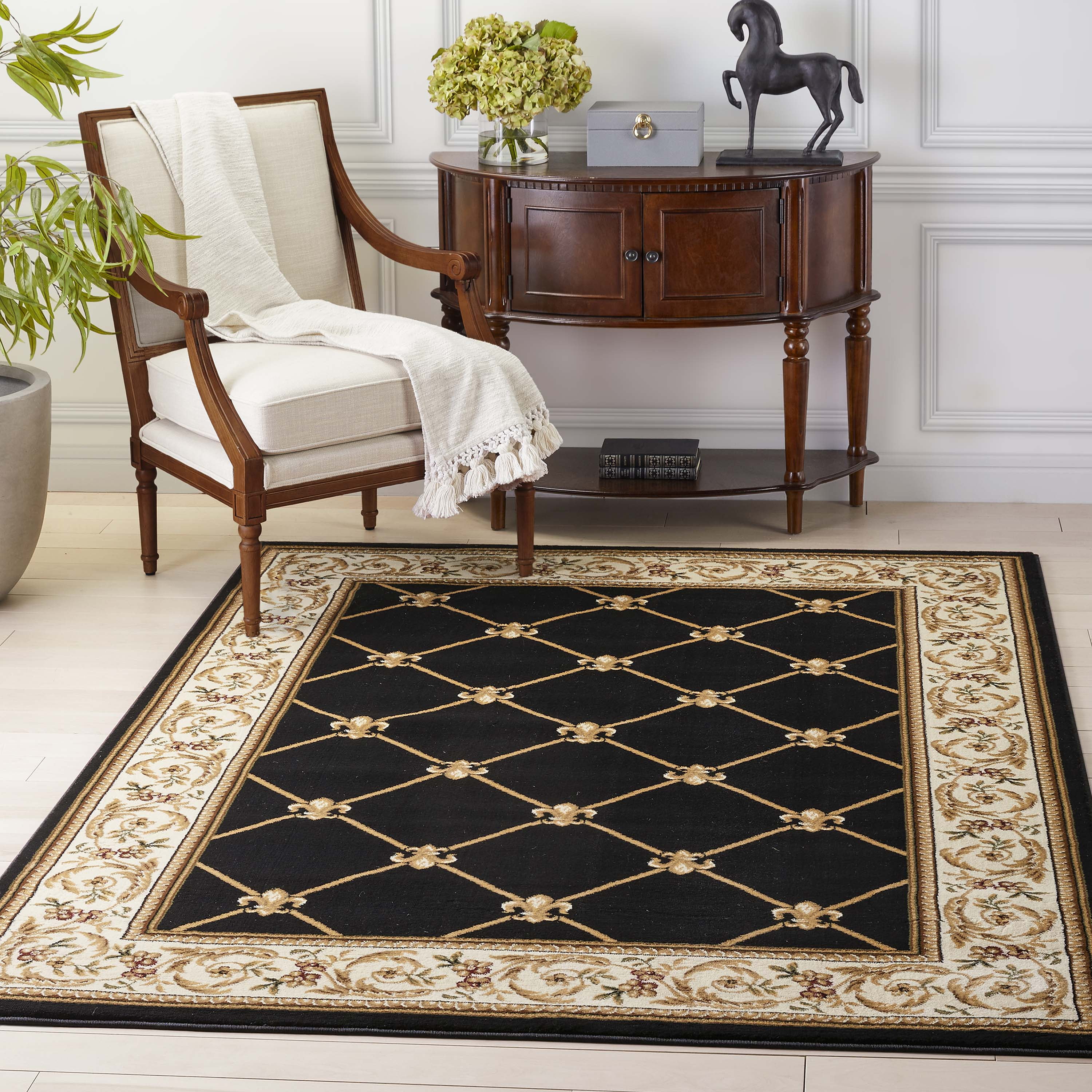 Patrician Trellis Black Lattice Area Rug European French Formal ... Patrician Trellis Black Lattice Area Rug European French Formal ...