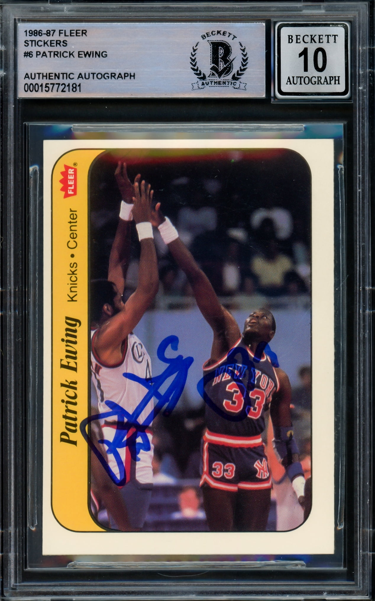 Patrick Ewing Autographed 1986-87 Fleer Sticker Rookie Card #6 New York Knicks Auto Grade Gem ...