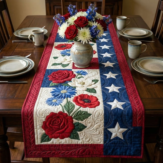 Patriot Meadow Quilted Table Runner, USA 250th Year Freedom Celebration ...