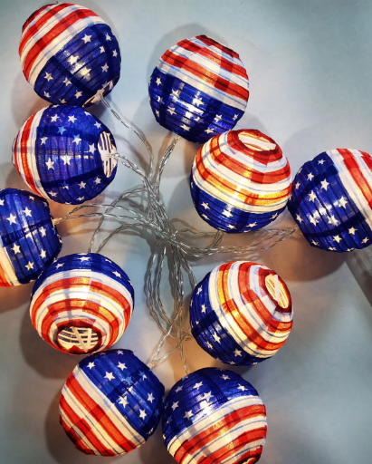 Patriotic 12" Paper Lanterns & 3" Cloth Flag Strings - 4th of July ...